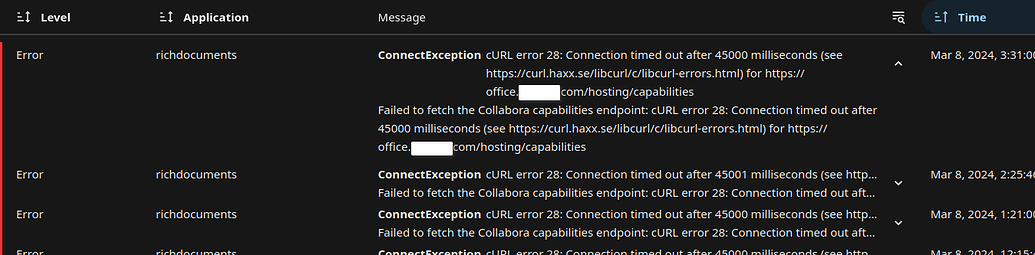 Repeated errors from richdocuments about curl calls timing out - 📄 Office - Nextcloud community