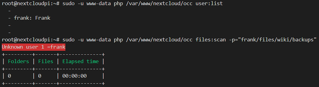 Occ files:scan does not know existing user - 🏷️ General - Nextcloud community