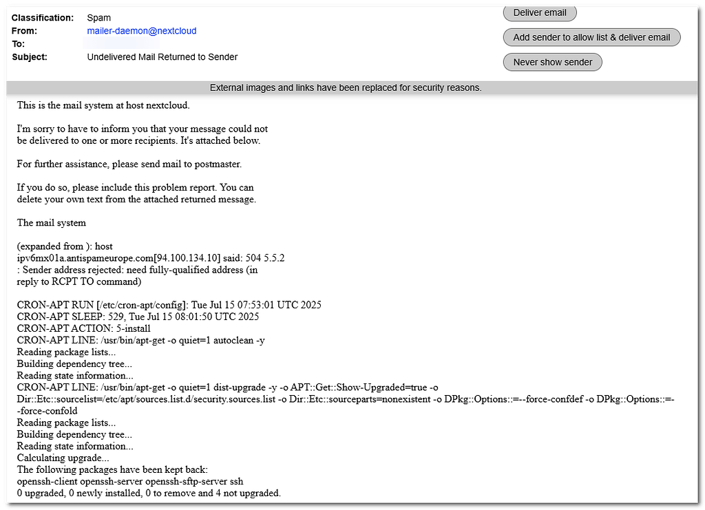 All emails blocked because sent from mailer-daemon@nextcloud - ℹ️ Support - Nextcloud community
