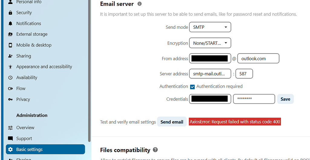 OUTLOOK.COM - AxiosError: Request failed with status code 400 - ℹ️ Support - Nextcloud community