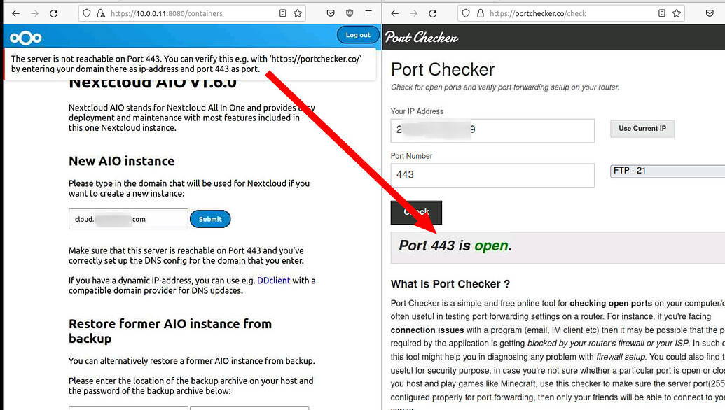 Nextcloud AIO install - Fails to find OPEN port 443 open - 🚧 ...