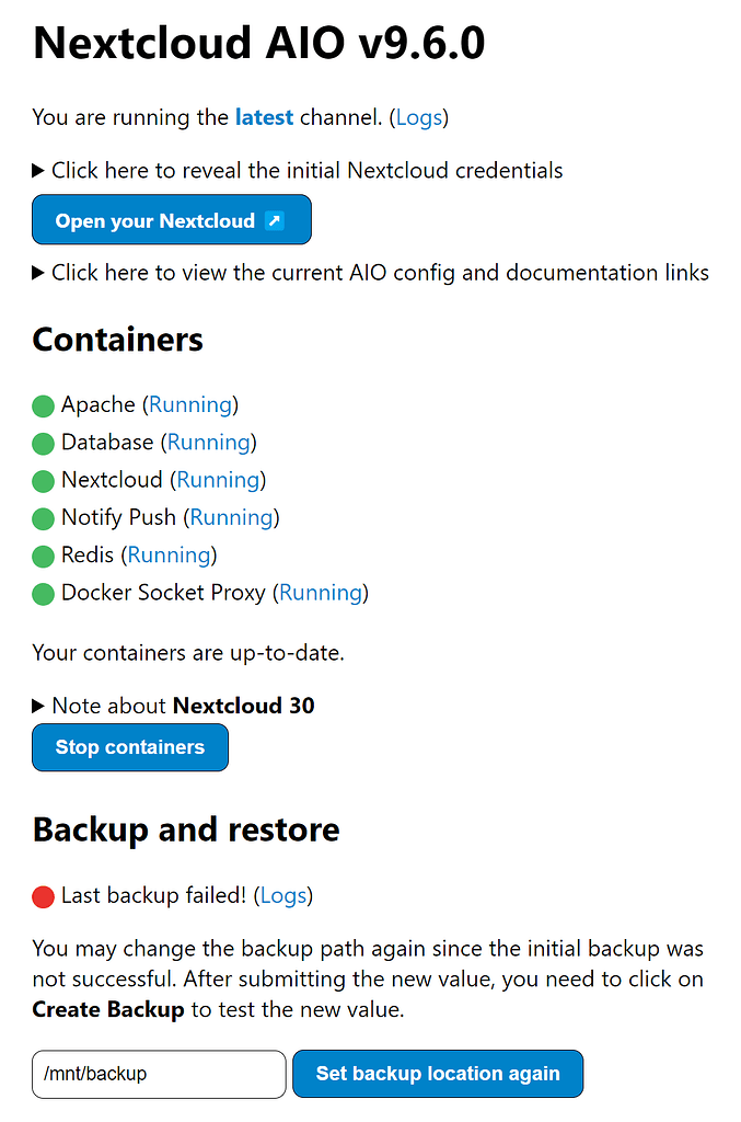 Nextcloud AIO Backup not working - 📦 Appliances (Docker, Snappy, VM, NCP, AIO) - Nextcloud community
