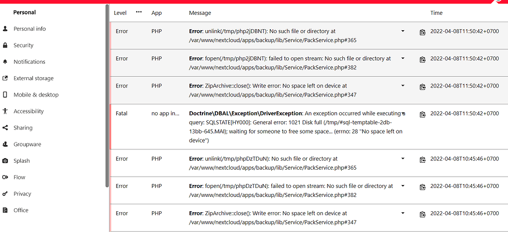 Error php log files - ℹ️ Support - Nextcloud community