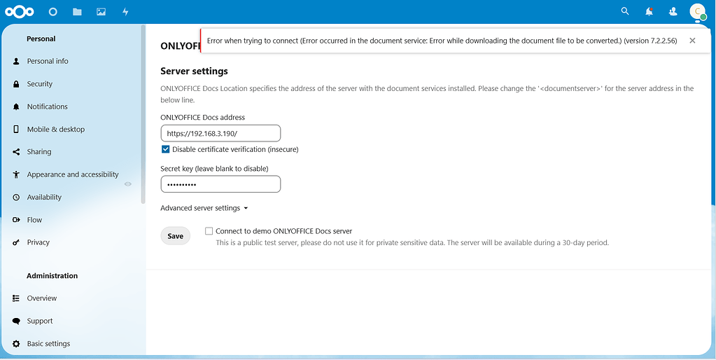 Error when trying to connect my only office server to nextCloud - ℹ️ Support - Nextcloud community