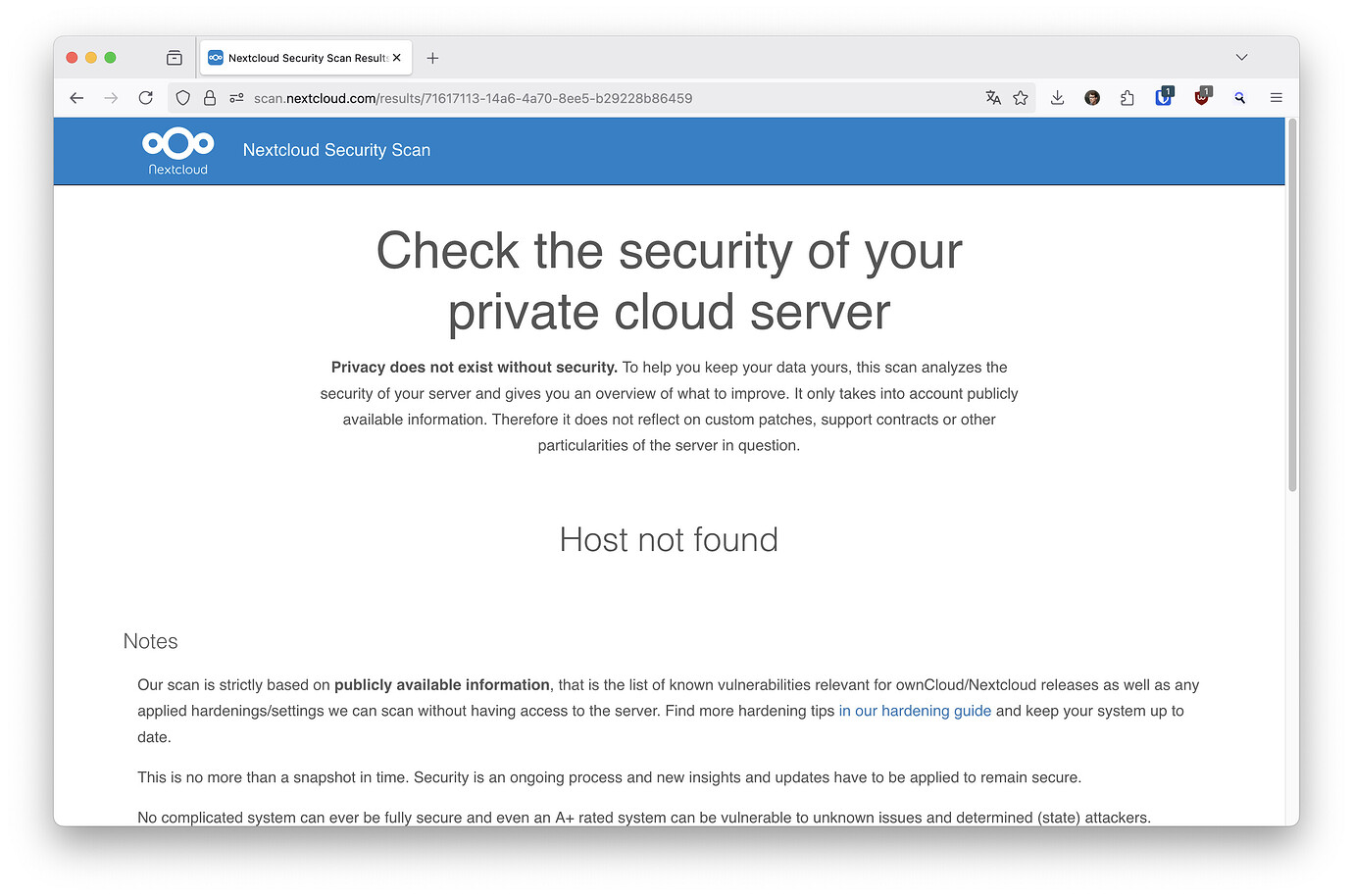 Security Scan says "Host not found" - ℹ️ Support - Nextcloud community