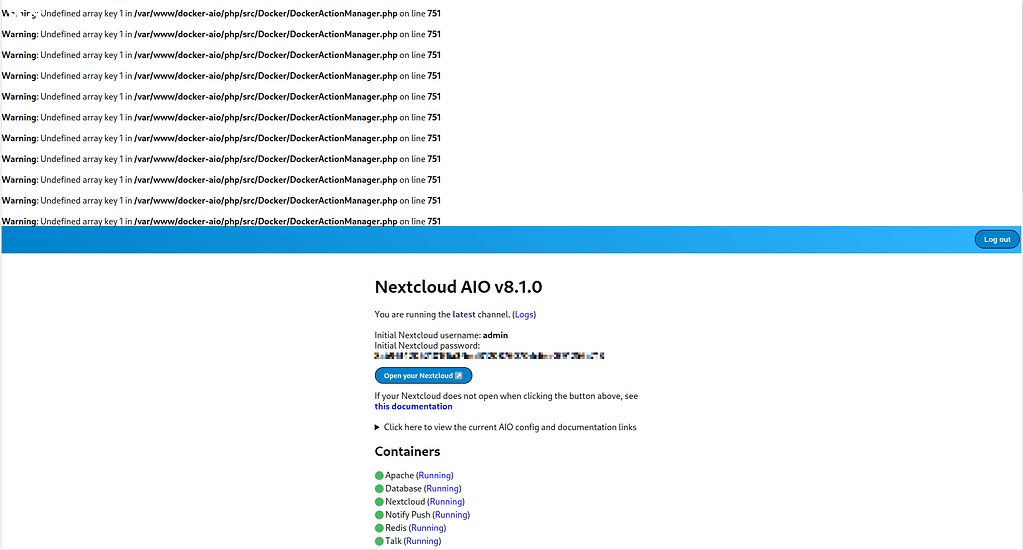 Nextcloud AIO admin interface with php error - 📦 Appliances (Docker, Snappy, VM, NCP, AIO ...