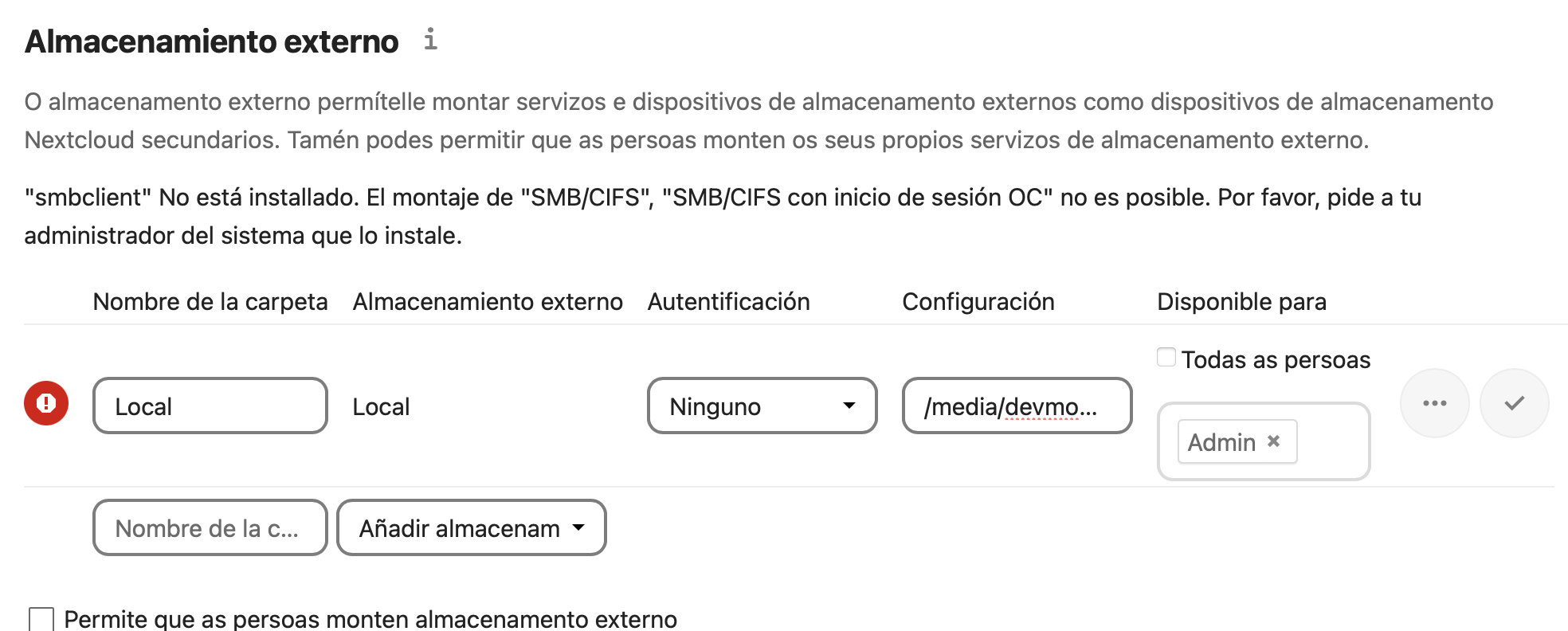 No external storage has been configured or you do not have permission ...