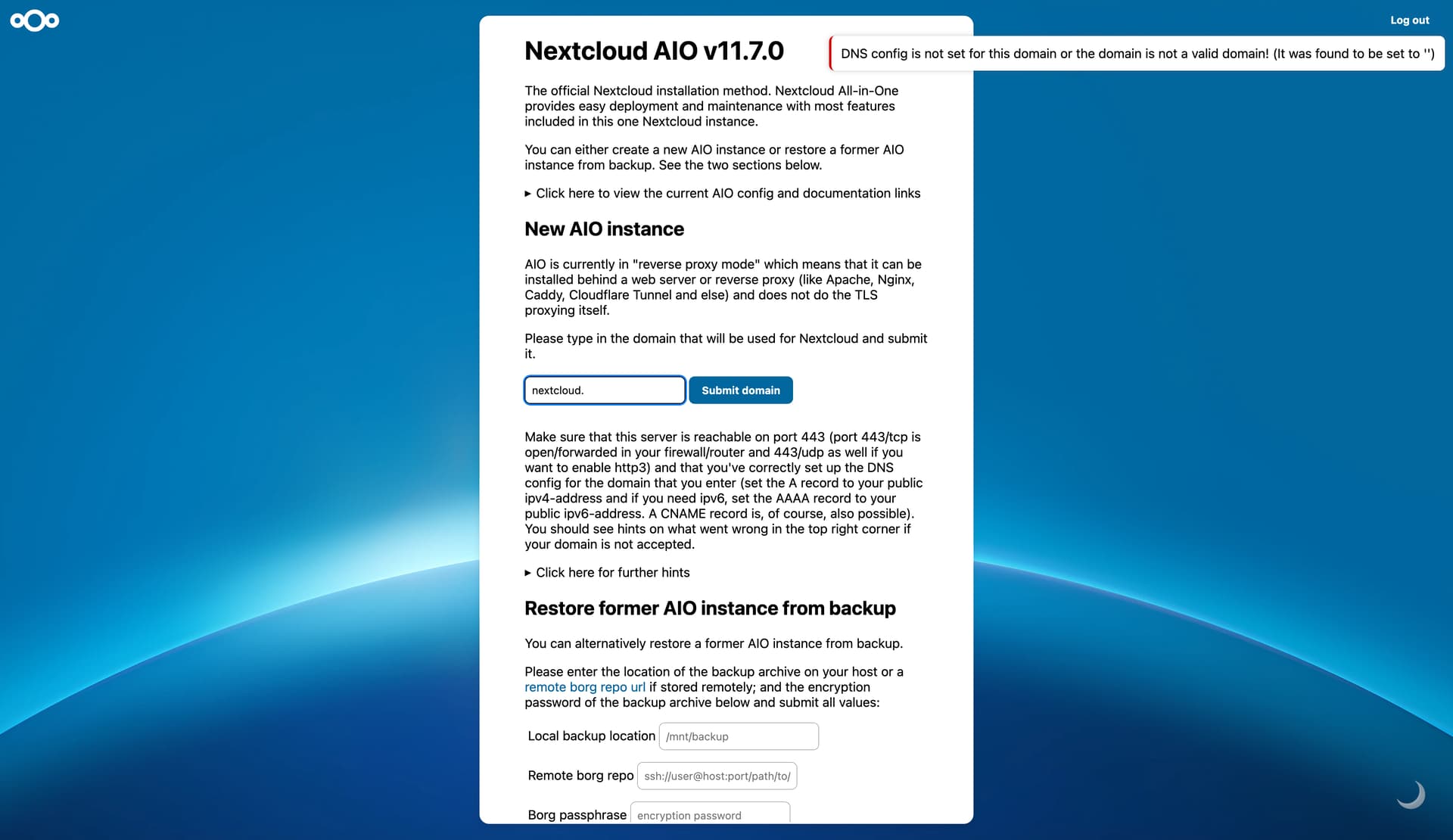 AIO v11.7.0 (Docker) - Error - DNS config is not set for this domain or the domain is not a ...